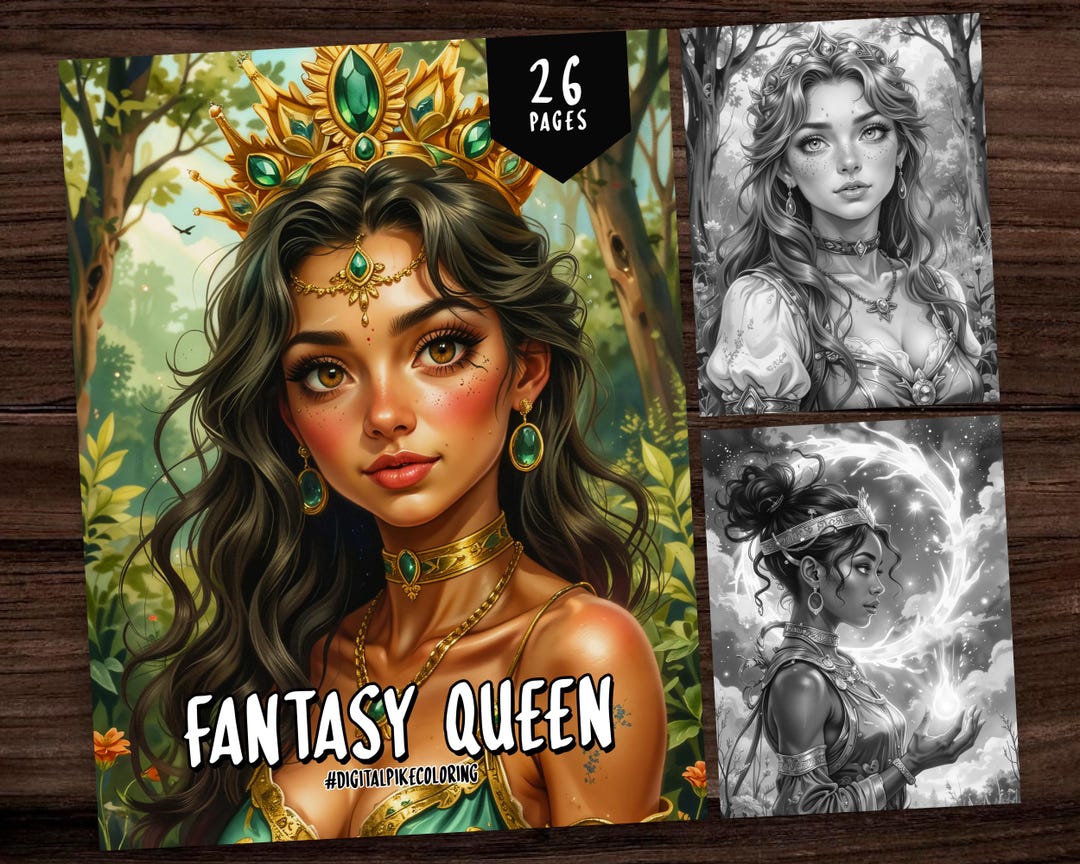 26 Fantasy Queen Coloring Book, Grayscale Coloring Book, Beauty ...