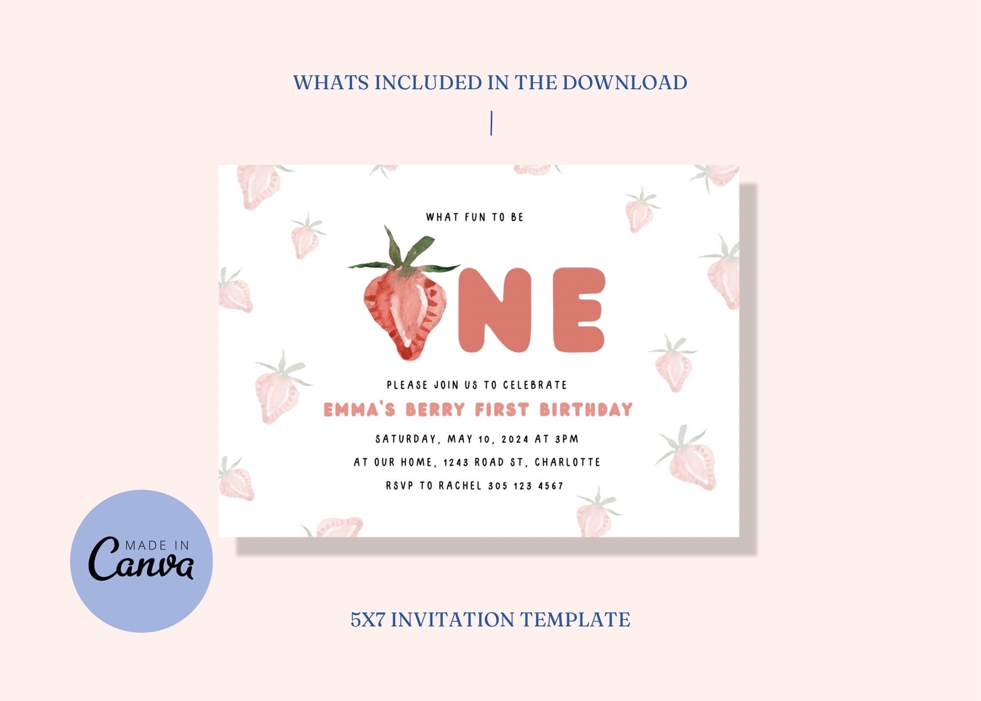 Strawberry Birthday Invitation Template - Etsy