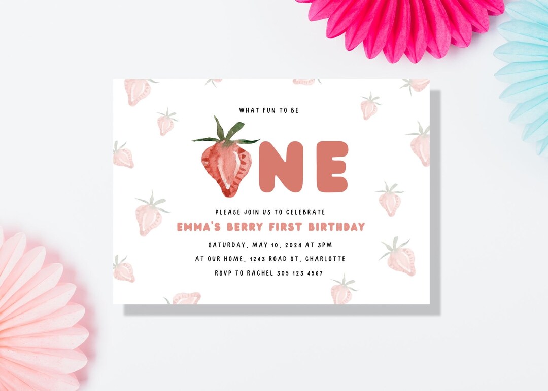 Strawberry Birthday Invitation Template - Etsy