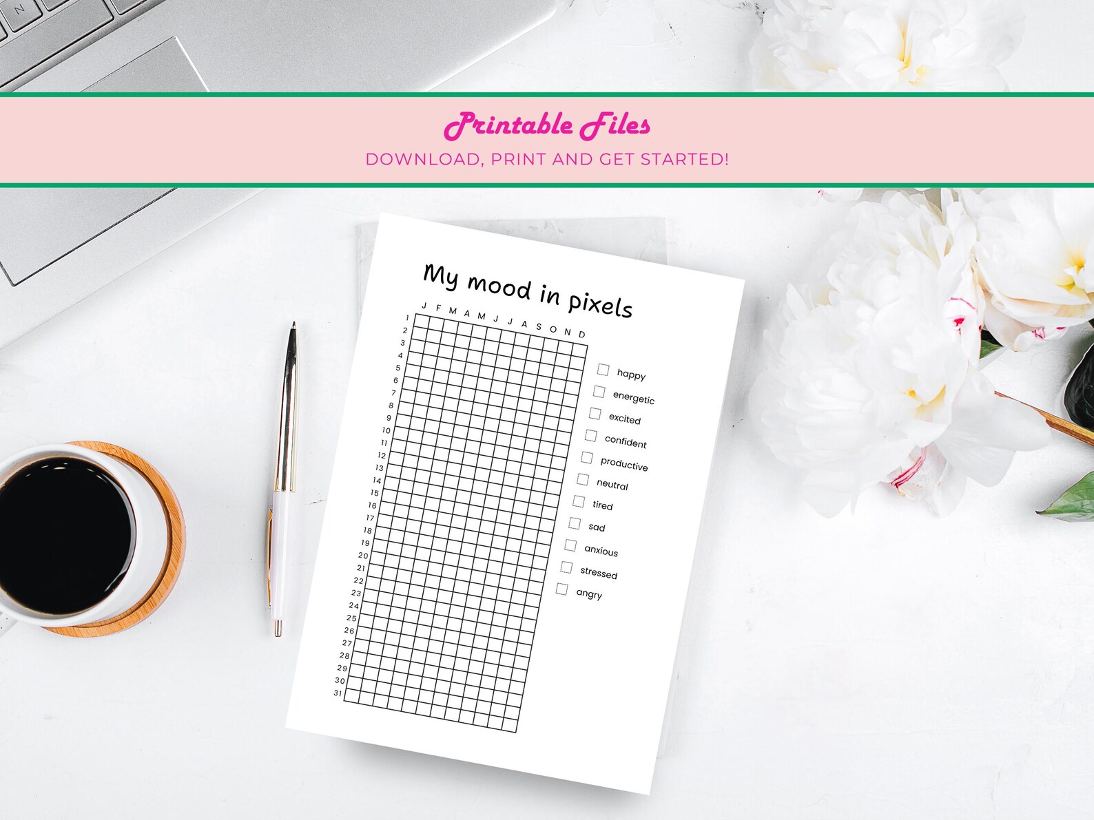 Mood in Pixels, Mood Journaling, Yearly Mood Tracker, Digital Planner ...