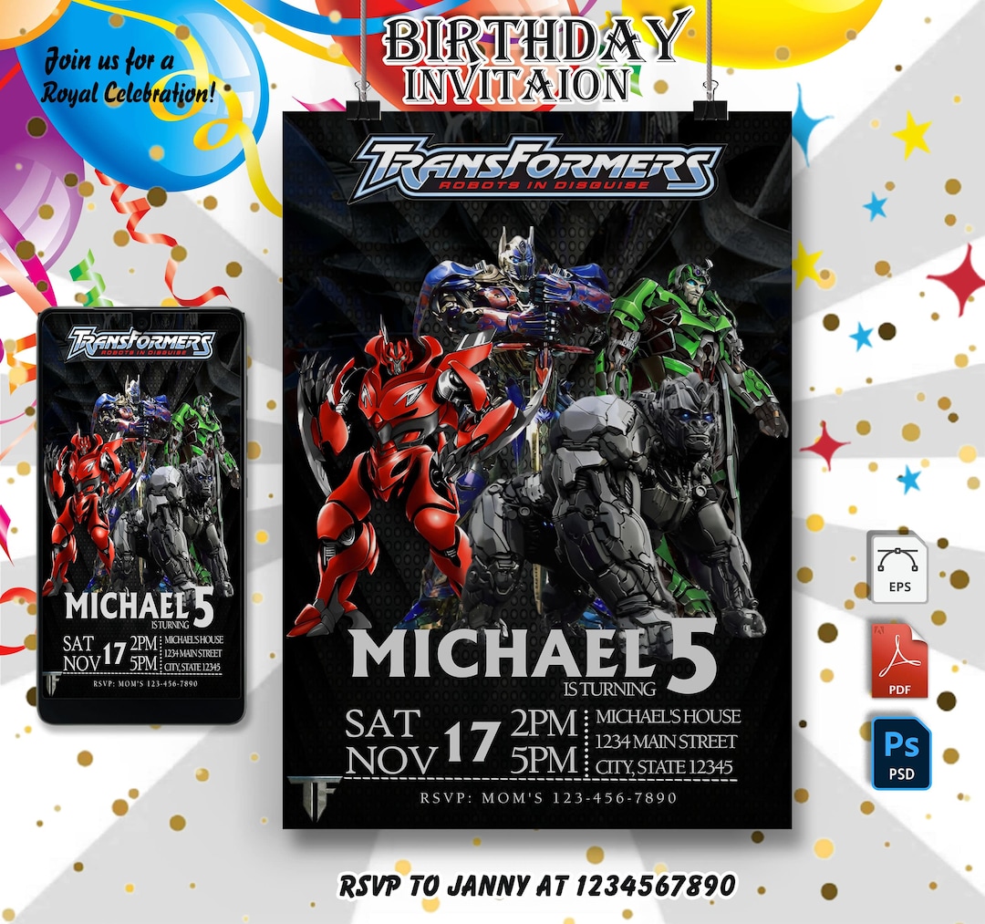 Invitación imprimible, invitación de cumpleaños de Transformers Rise of ...