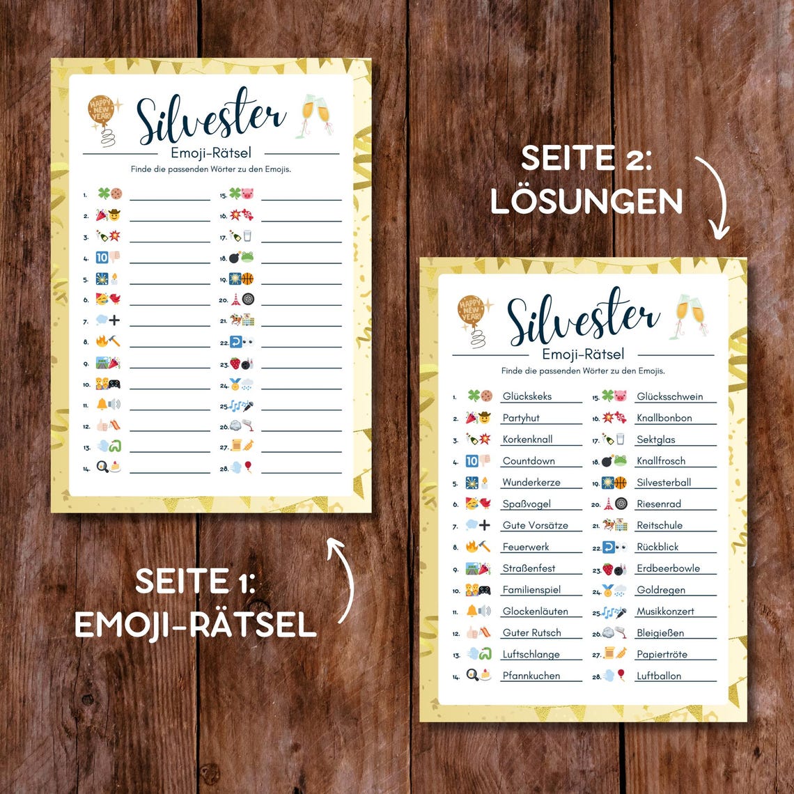 Silvester Emoji-Rätsel mit 28 Begriffen – Ratespaß zum Ausdrucken auf ...
