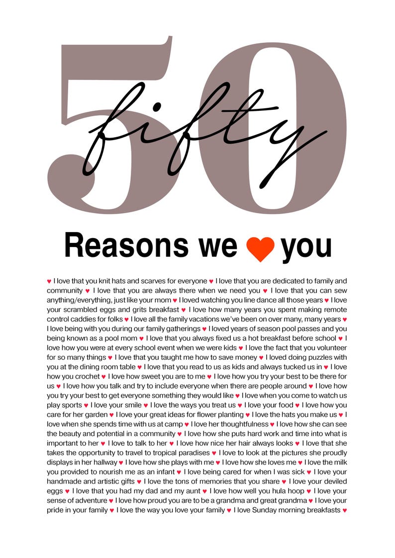 50 Reasons We Love You Poster, Custom 50th Birthday Gift - Etsy