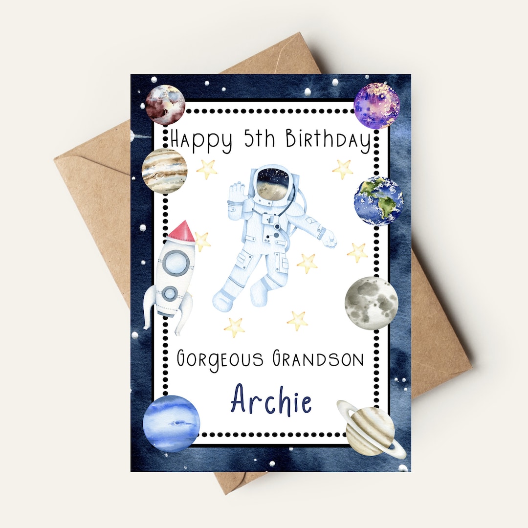 Space Themed Birthday Card for Boys Personalised, Grandson Fifth ...