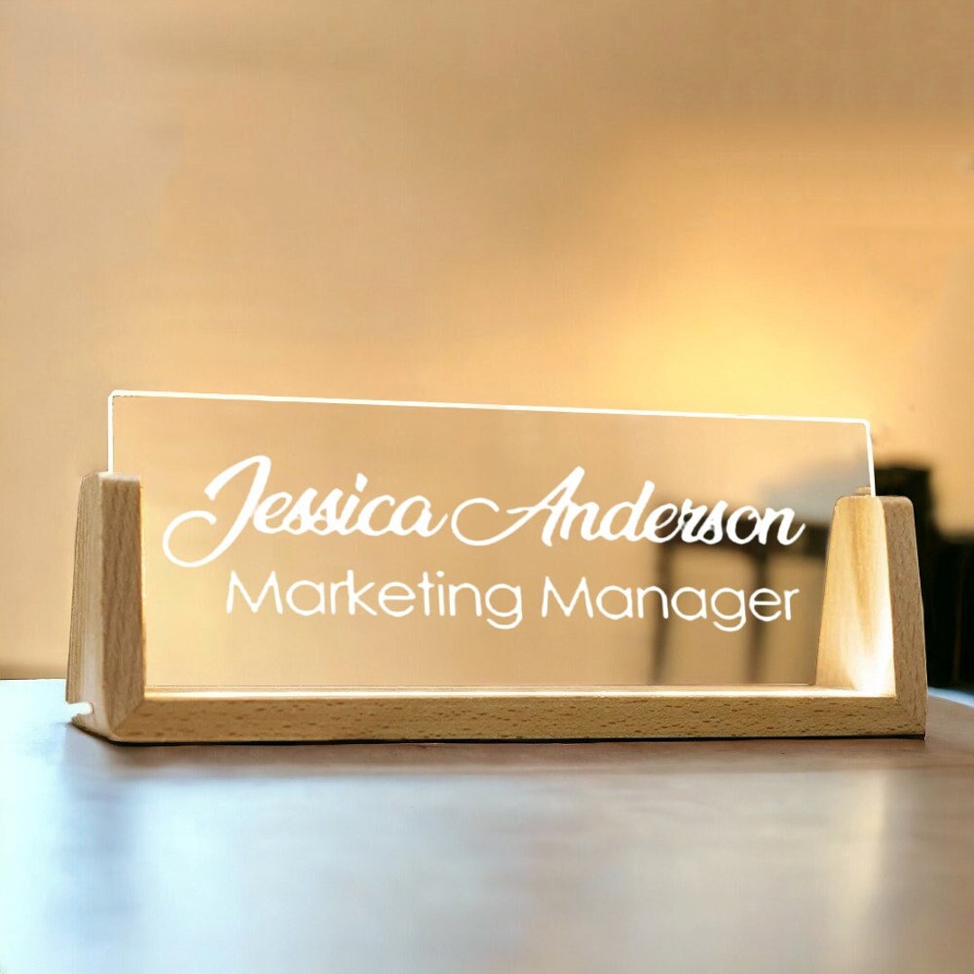 Personalised Desk Name Plate Wooden Base Acrylic Lighted Nameplate ...