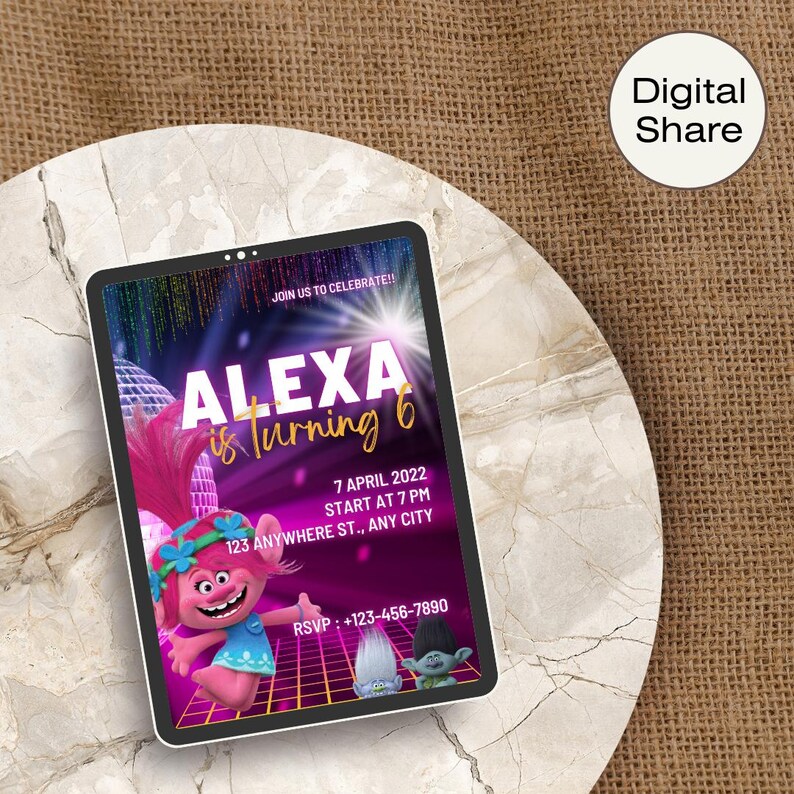 Editable Printable Trolls Birthday Invitation Card Template for Kids ...