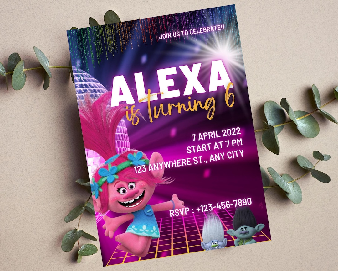 Editable Printable Trolls Birthday Invitation Card Template for Kids ...