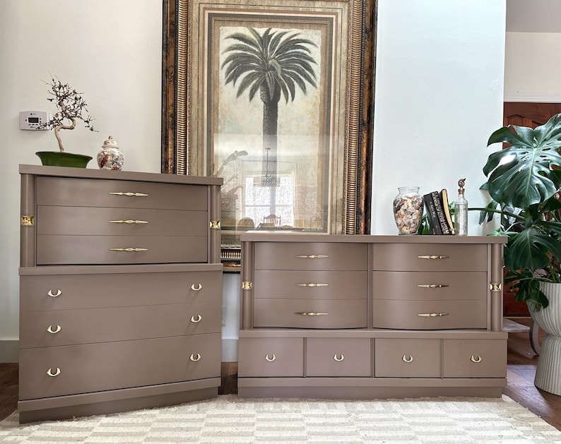 AVAILABLE *** MCM Vintage Bassett Curved Dresser | Luxe Taupe & Gold ...