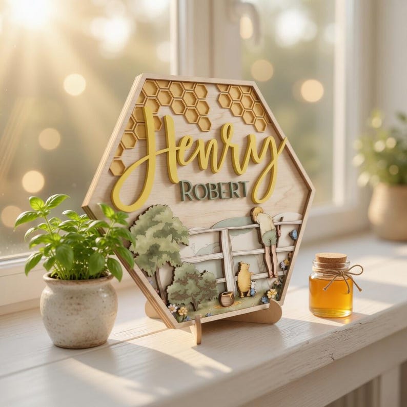 Custom Hexagon Nursery Name Sign, 3D Layered Wood Storybook Plaque ...