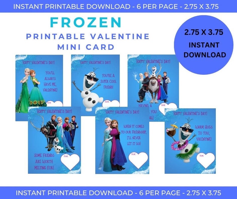 Frozen Valentine's Day Printable Card Tag, Instant Digital Download, Elsa Princess Anna Olaf ...