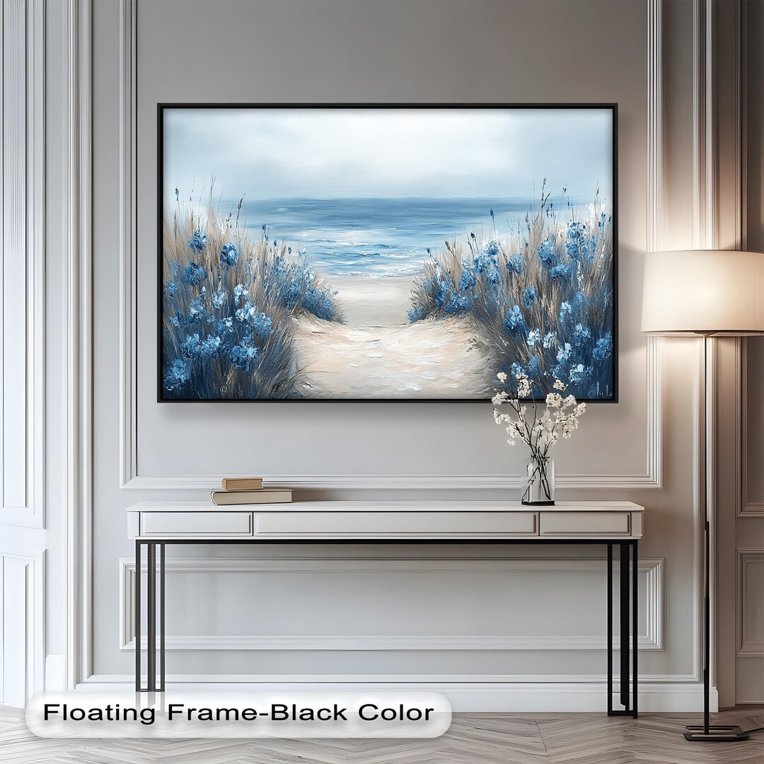 Framed Coastal Beach Wall Painting: Blue Floral Seascape Wood Wall Art ...