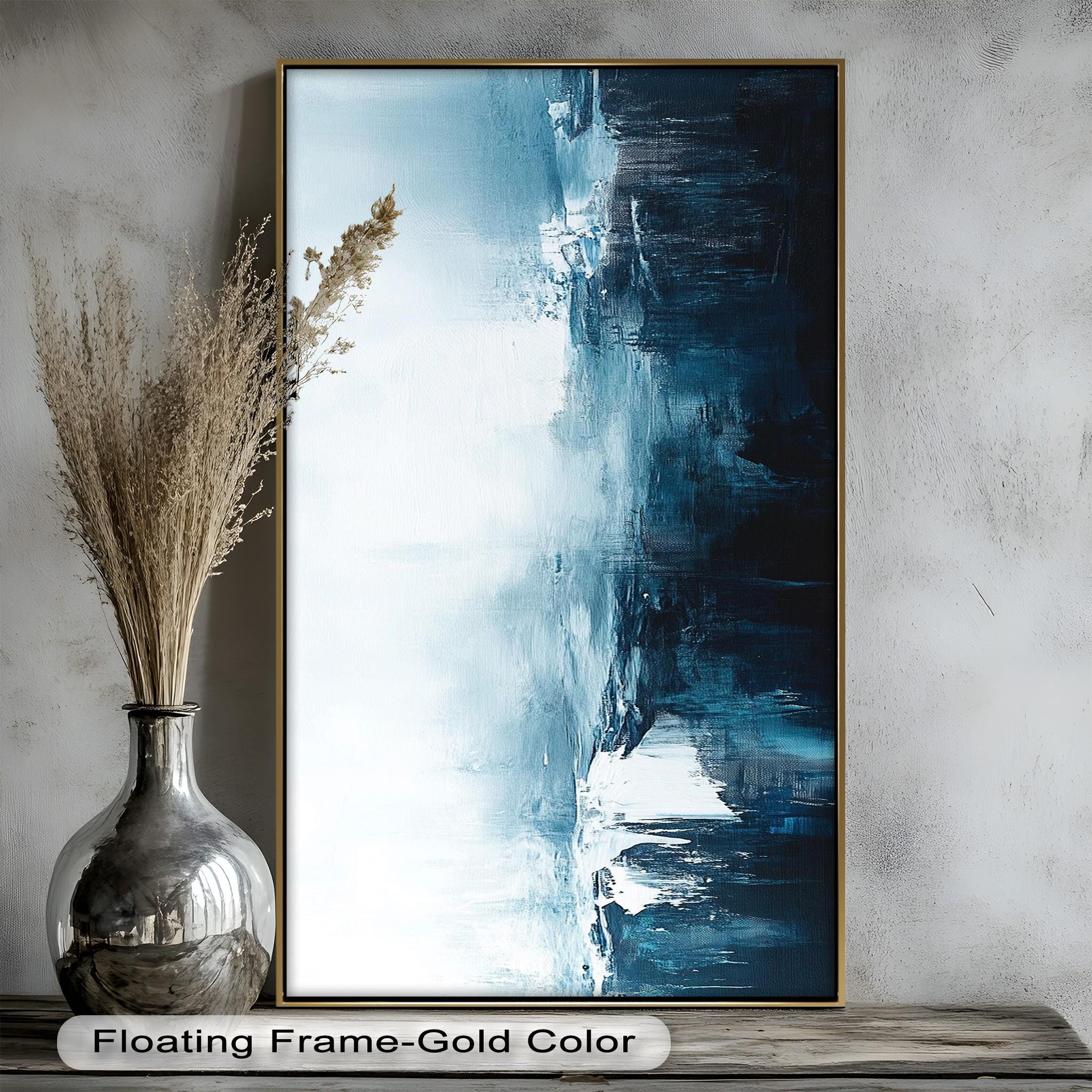 Navy Abstract Wood Wall Art: Vertical Panoramic Floating Frame Oil ...
