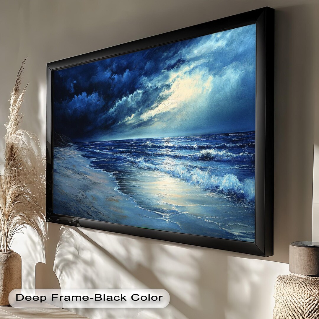 Stormy Ocean Nightscape Wall Art – Moody Blue Seascape, Coastal Wooden ...