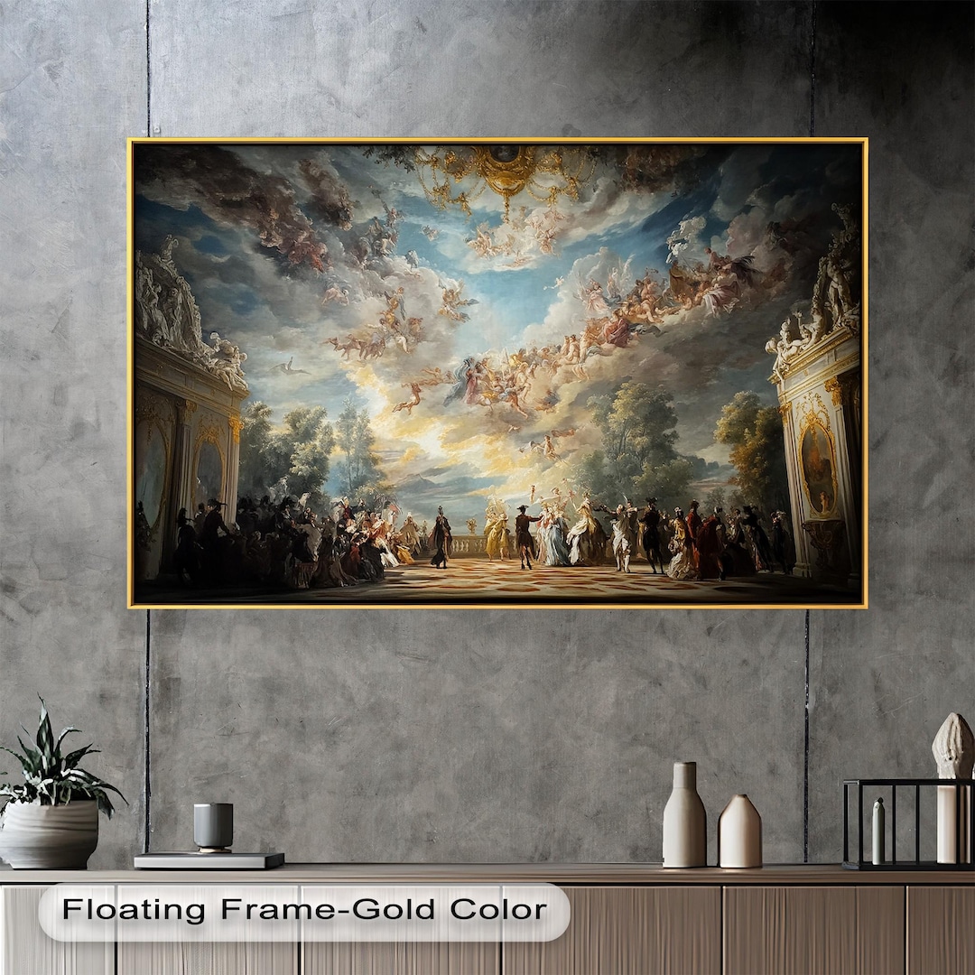 Baroque Ballroom Scene Framed Wood Art: Elegant Gold Frame Oil Painting ...