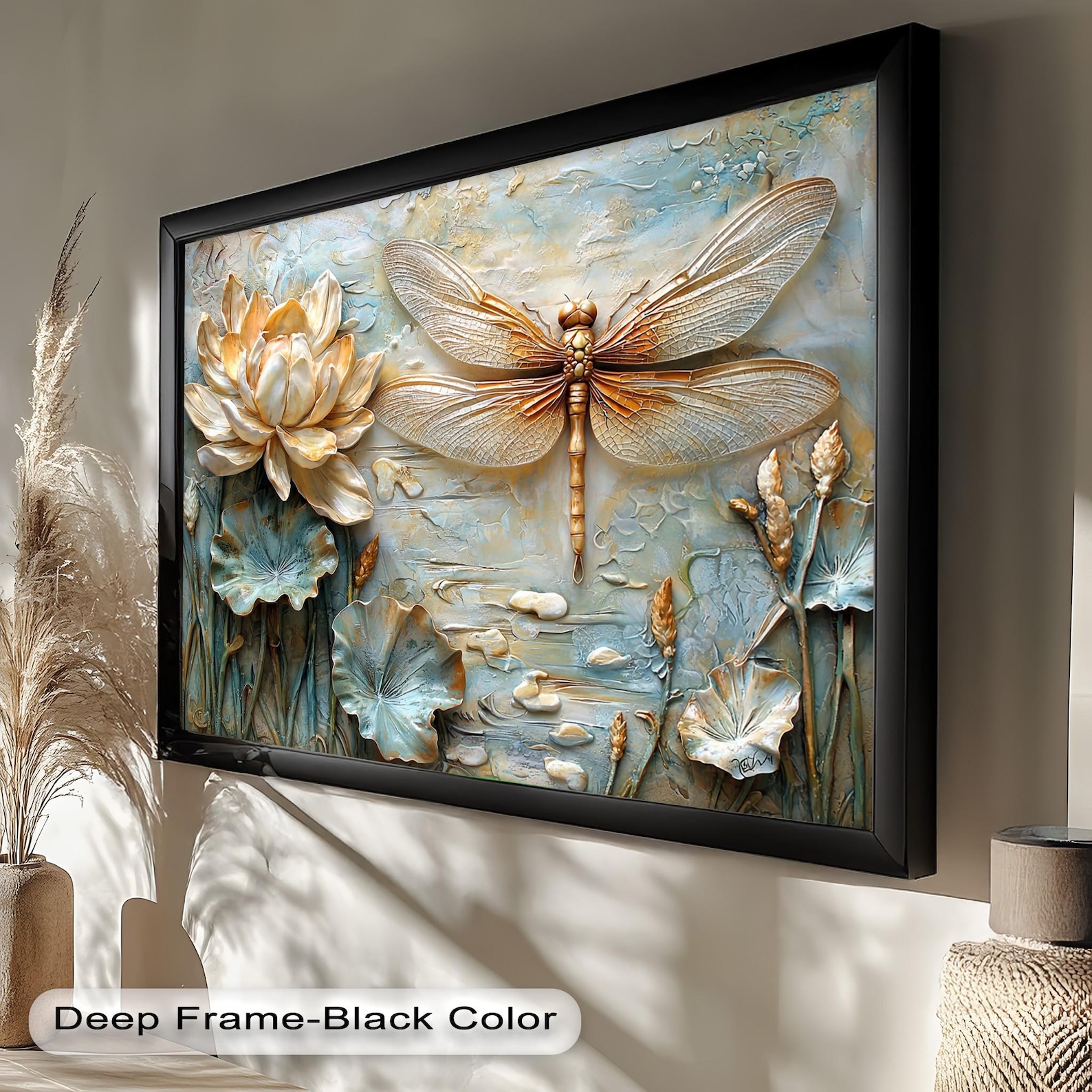 Framed Dragonfly Wall Painting: Lotus Flower Botanical Wall Art Oil ...