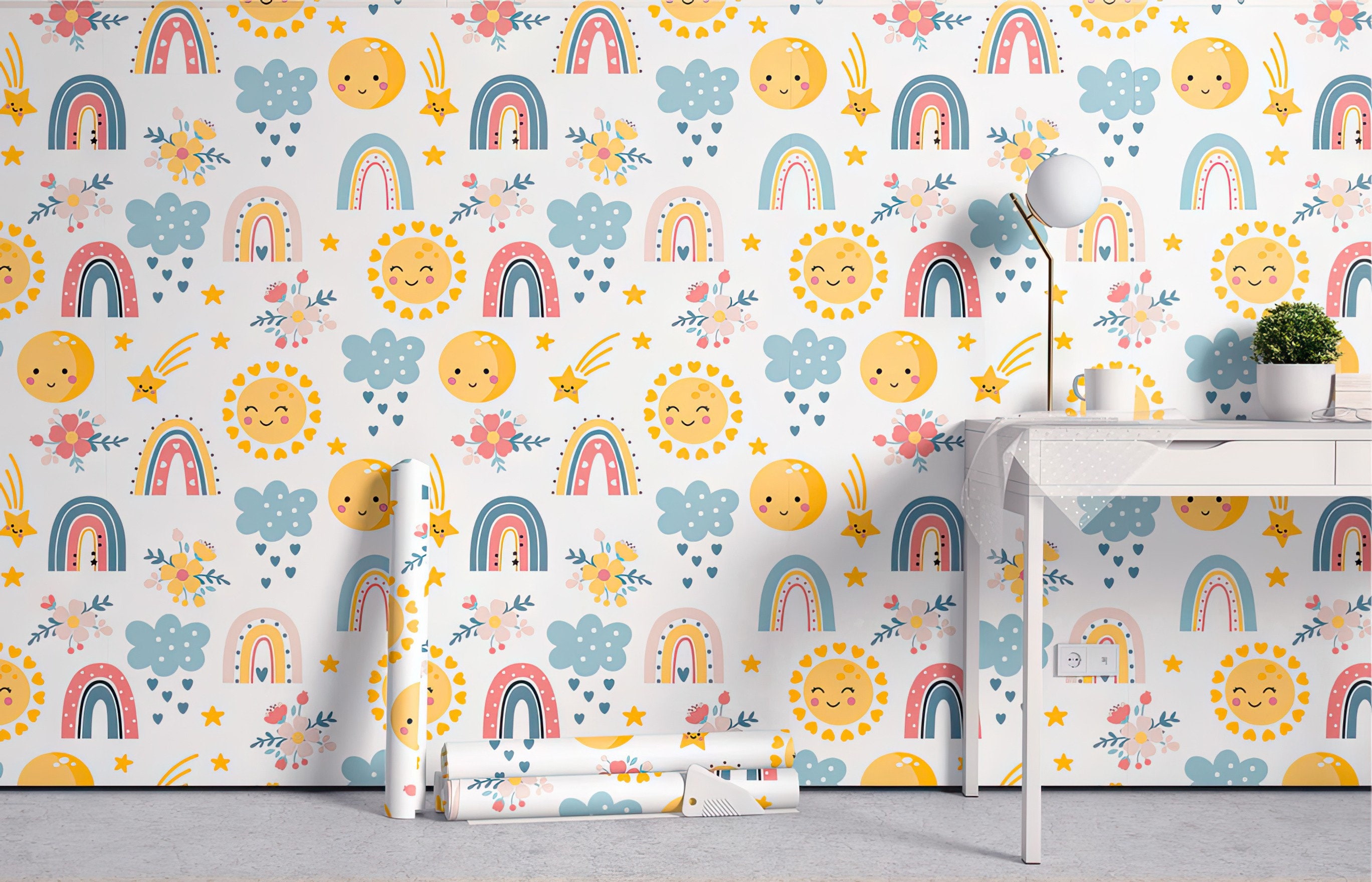 Rainbow Wallpaper Kids Temporary Wallpaper-nursery Peel and Stick ...
