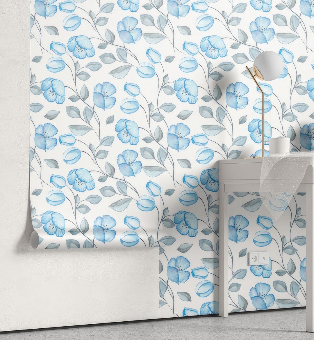 Bold Blue Floral Wallpaper Adorable Charming Home Decor Statement Wall ...