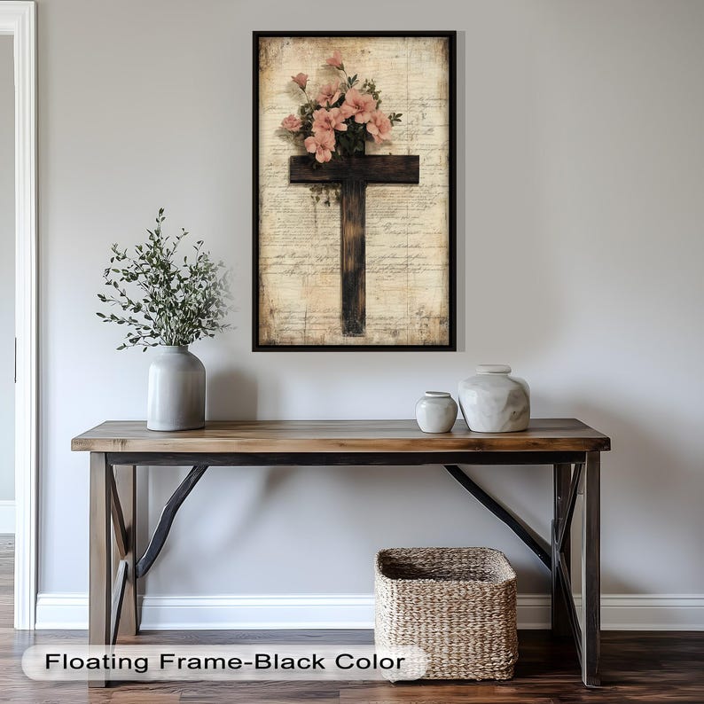 Rustic Cross Floral Wall Painting - Framed Christian Wall Art Oil ...