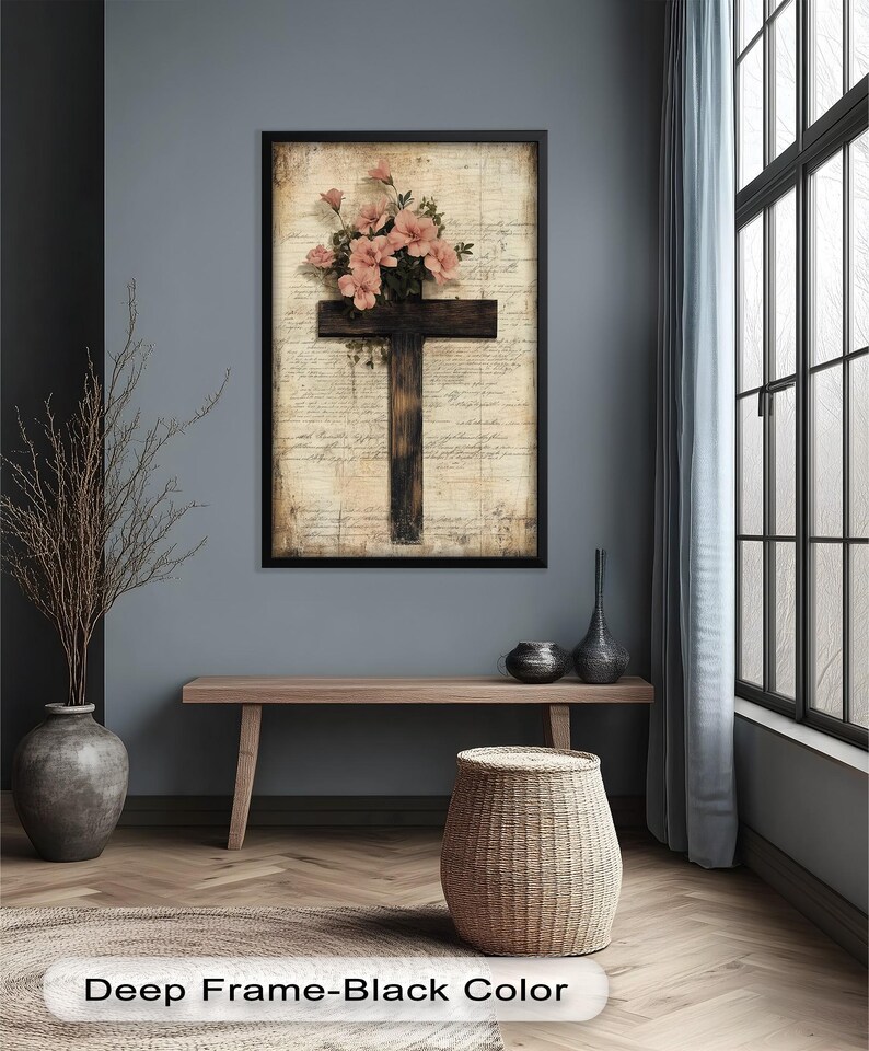Rustic Cross Floral Wall Painting - Framed Christian Wall Art Oil ...