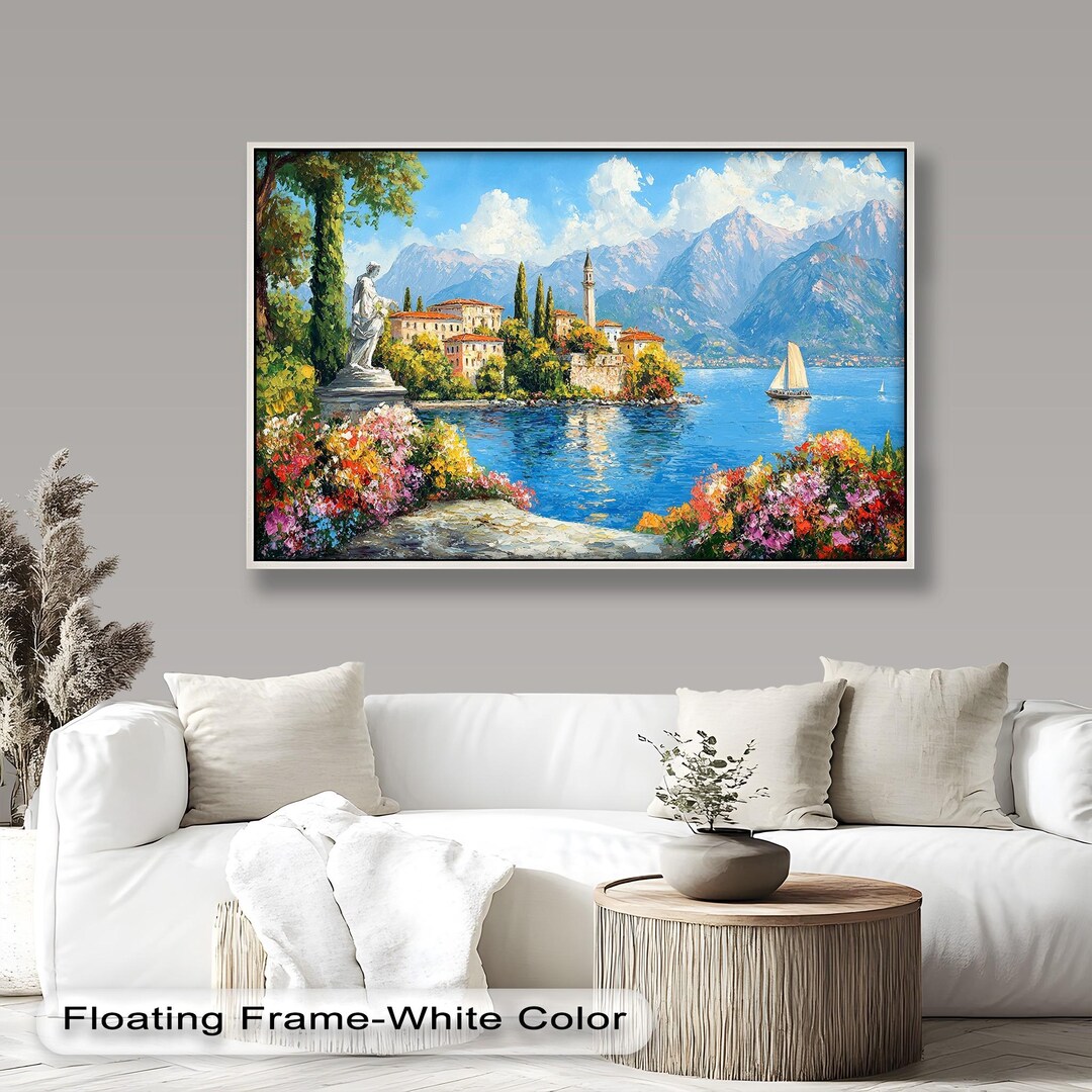 Framed Mediterranean Lake View Wall Painting: Coastal Italian Landscape ...