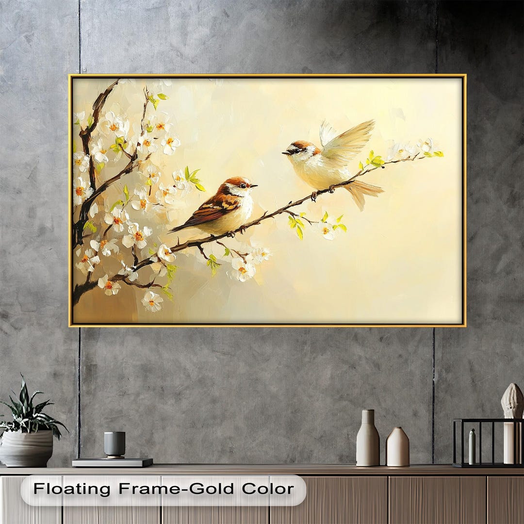 Sparrows on Cherry Blossom Wooden Wall Art – Soft Nature-inspired Print ...