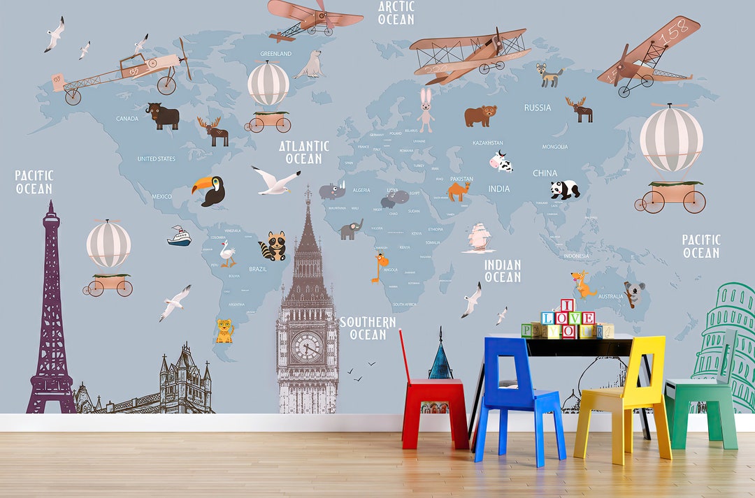 Blue World Map Kids Playroom Wallpaper Bright and Fun Patterns for ...