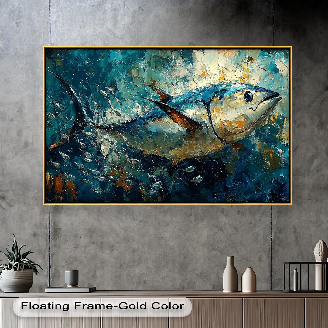 Abstract Blue Tuna Wooden Wall Art – Ocean Fish Painting for Nautical ...