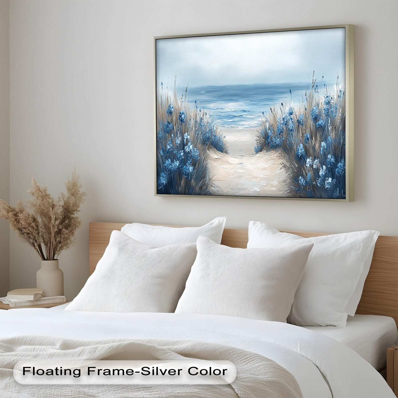 Framed Coastal Beach Wall Painting: Blue Floral Seascape Wood Wall Art ...
