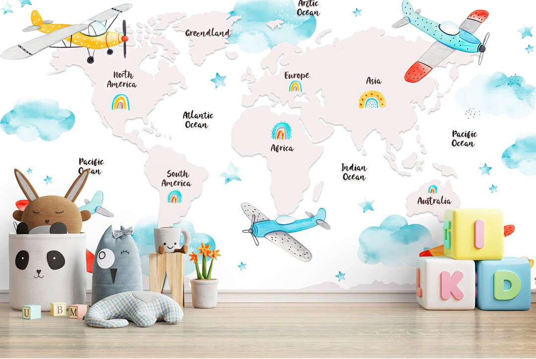 Blue World Map Kids Playroom Wallpaper Bright and Fun Patterns for ...