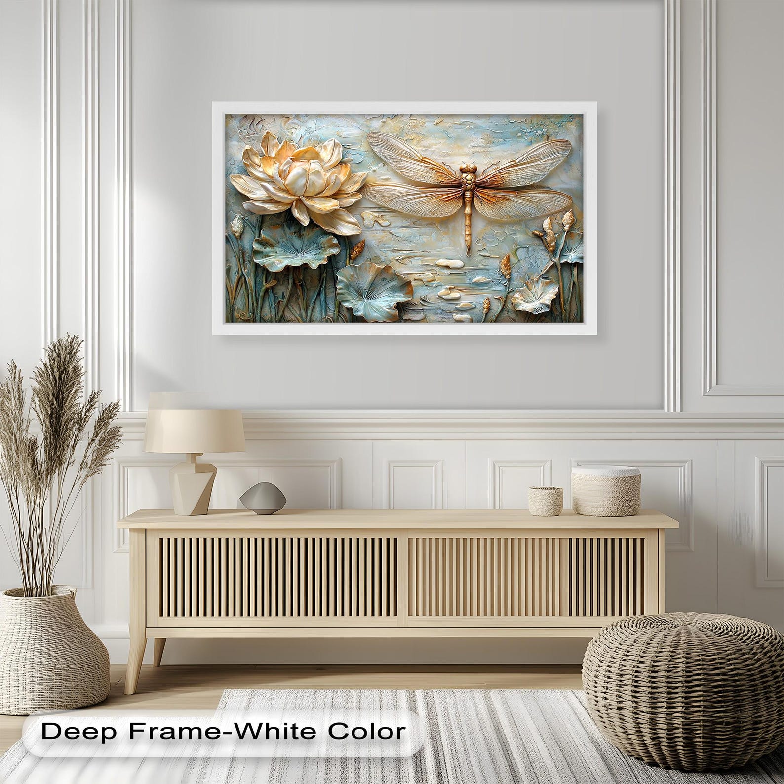 Framed Dragonfly Wall Painting: Lotus Flower Botanical Wall Art Oil ...