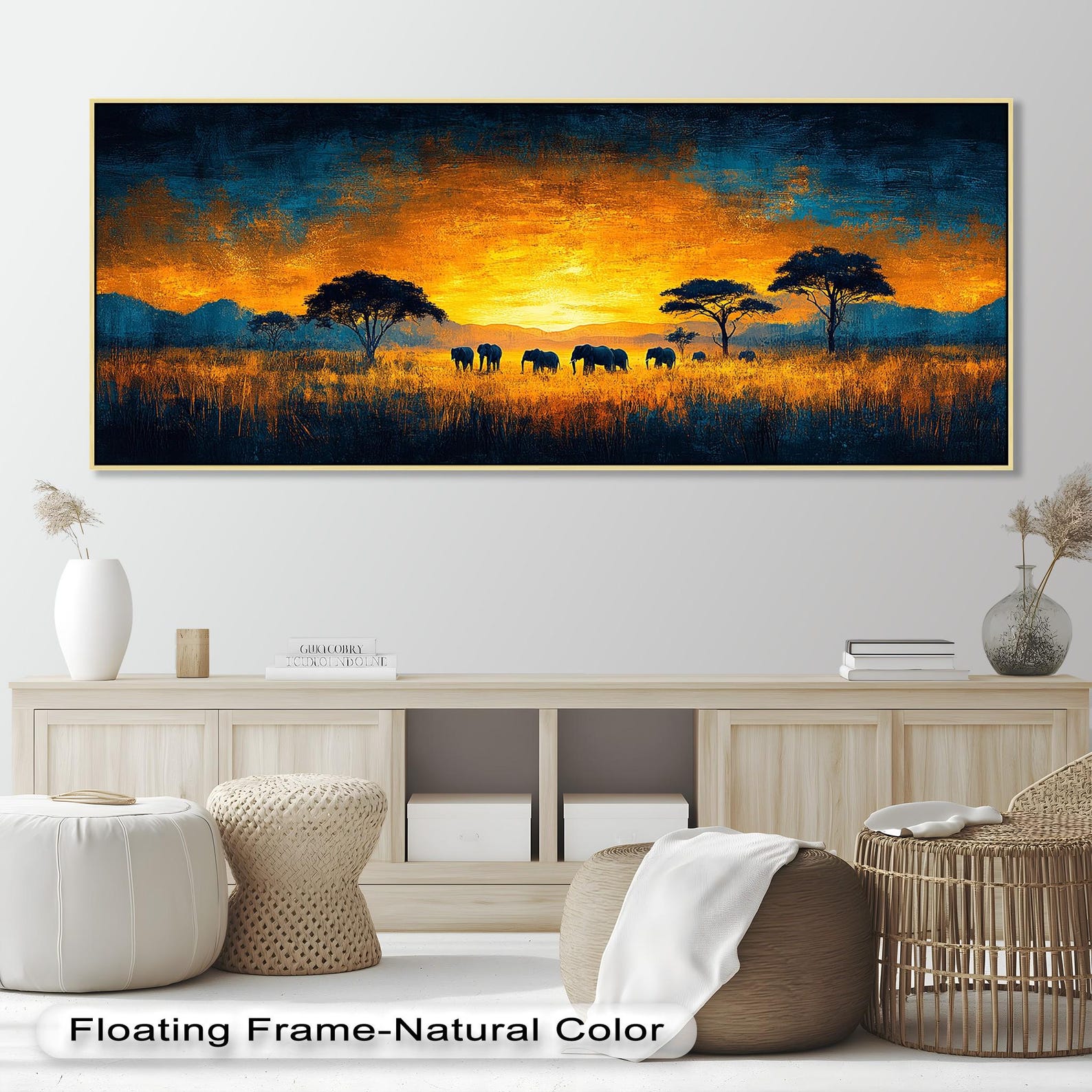 Elephant Sunset Canvas Art: African Safari Wood Wall Art With Frame Oil ...