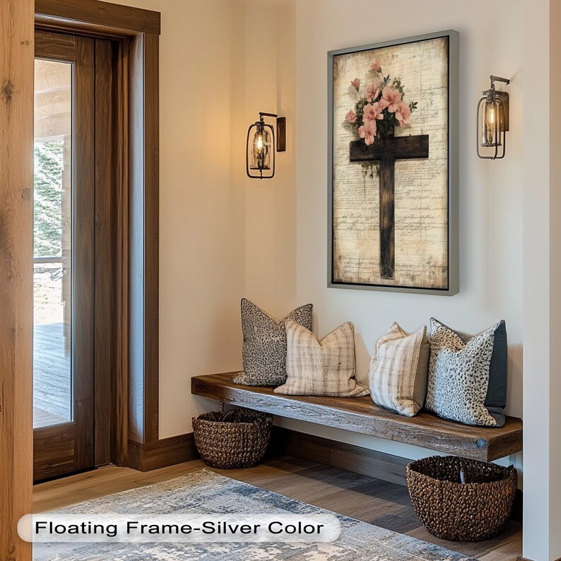 Rustic Cross Floral Wall Painting - Framed Christian Wall Art Oil ...