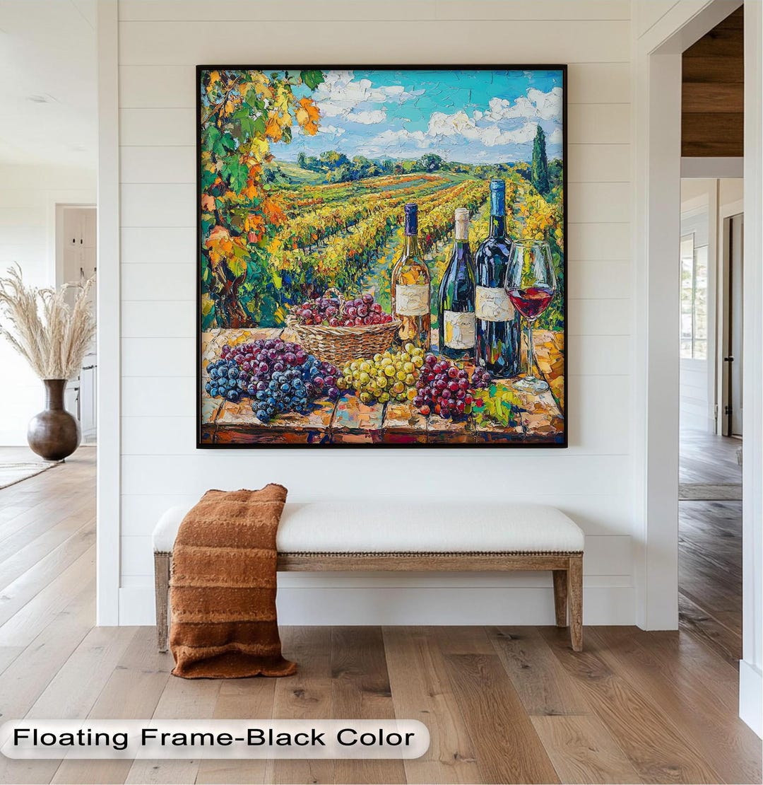 Wine Vineyard Print With Oil Painting on Wood, Rustic Tuscan Kitchen ...