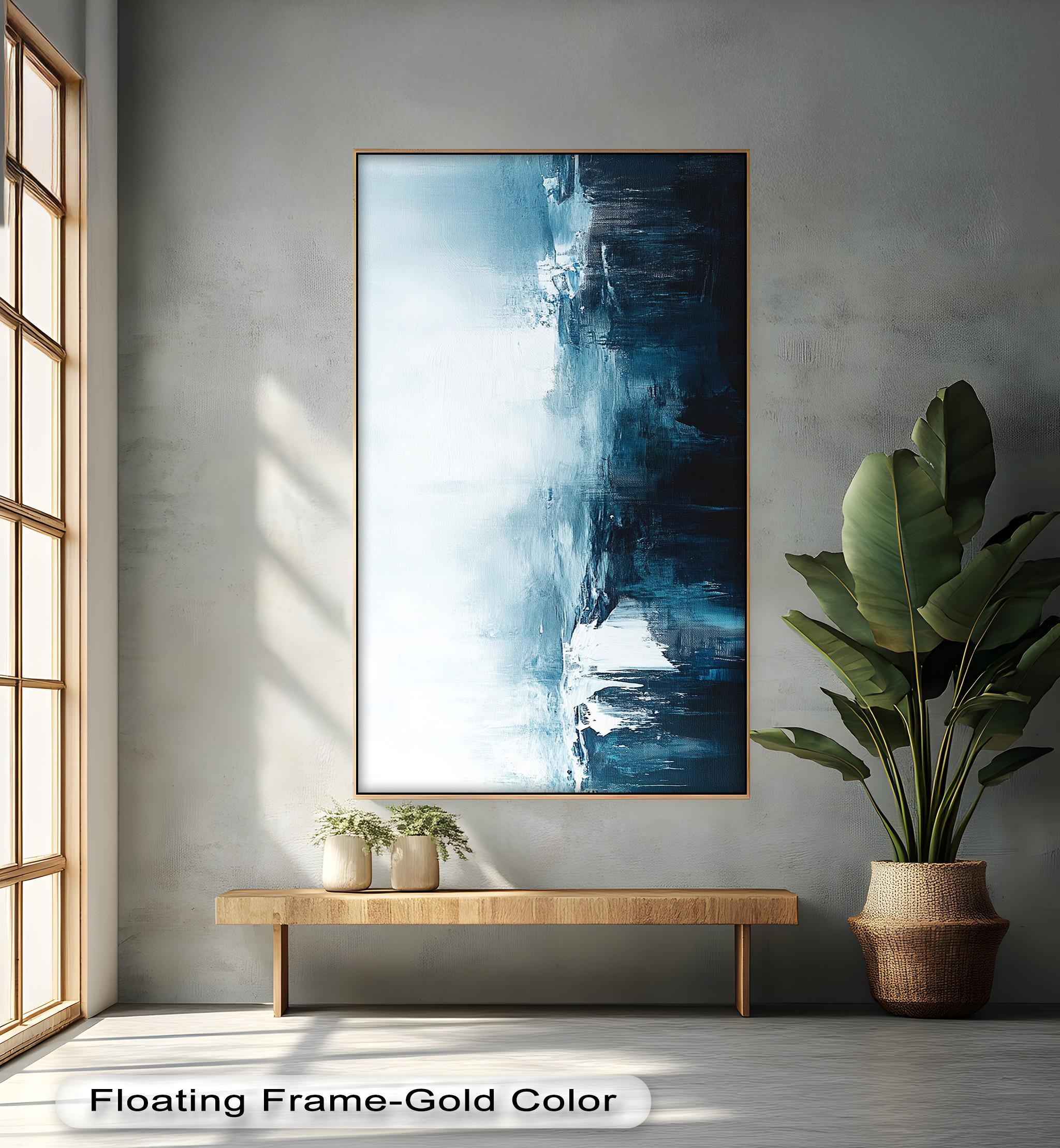 Navy Abstract Wood Wall Art: Vertical Panoramic Floating Frame Oil ...