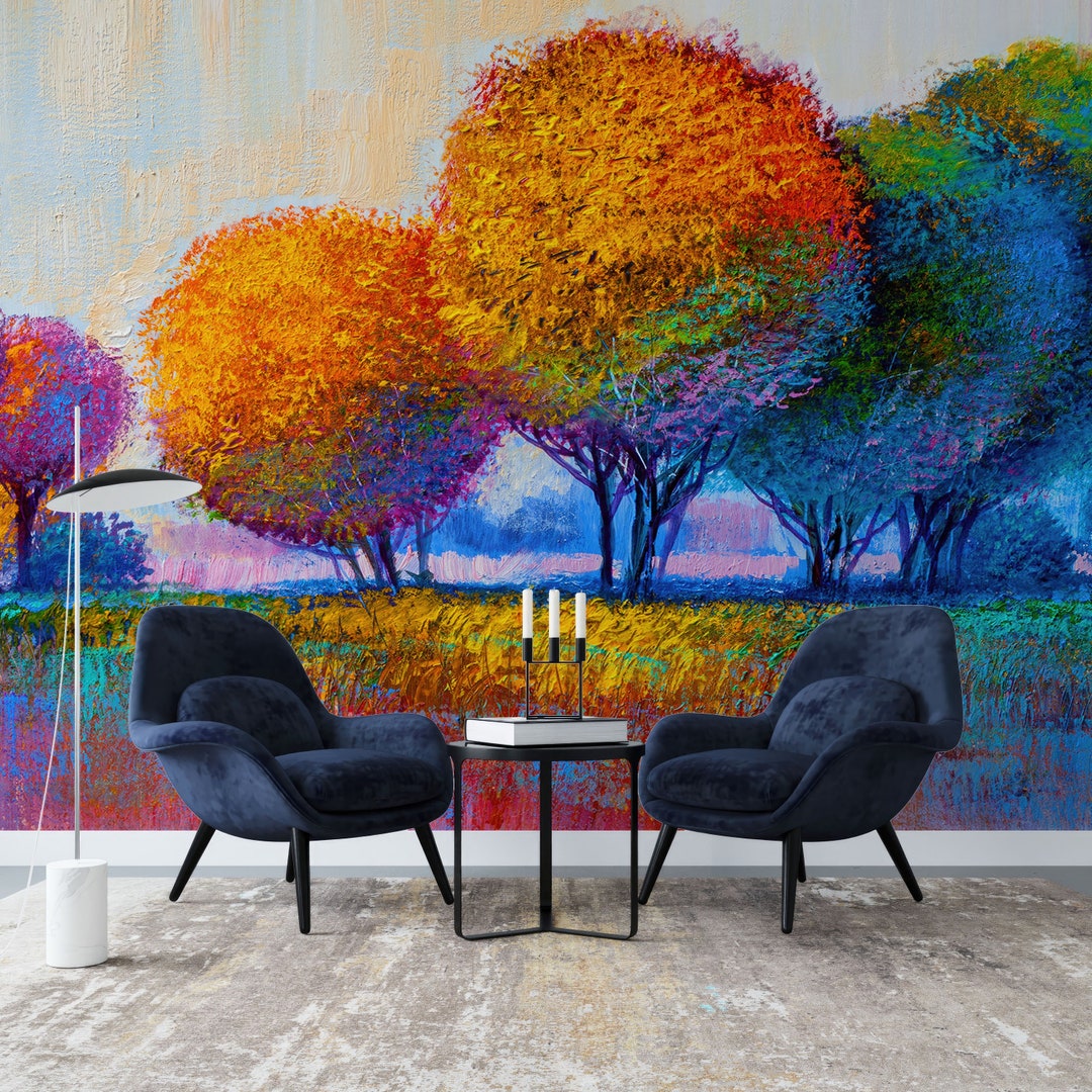 Colorful Trees Temporary Wallpaper-forest Peel and Stick Wallpaper-tree ...