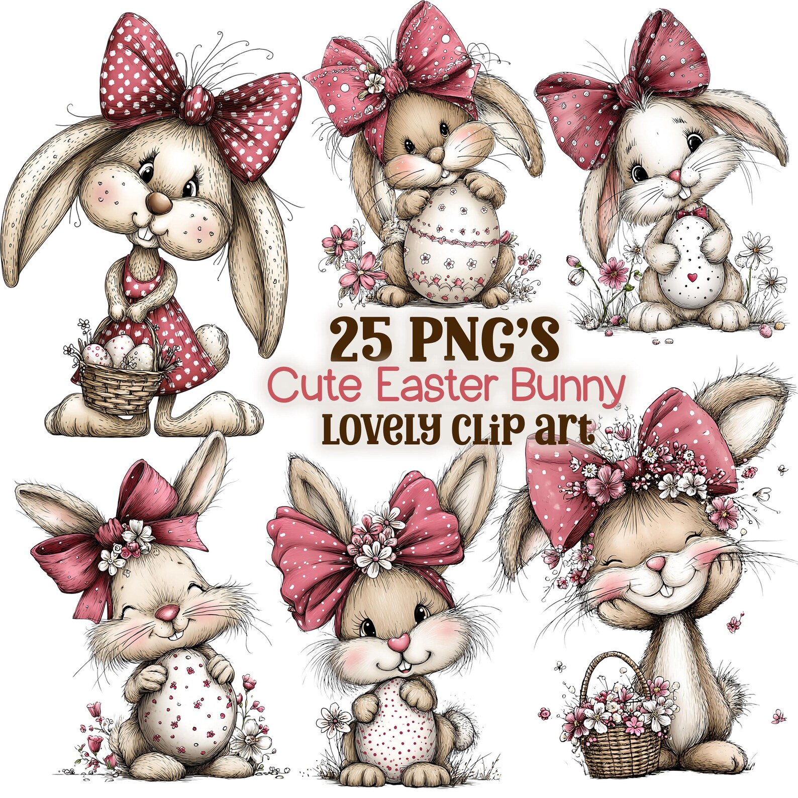 Easter Bunny Clipart PNG Bundle, Cute Bunny Clipart, Vintage Coquette ...