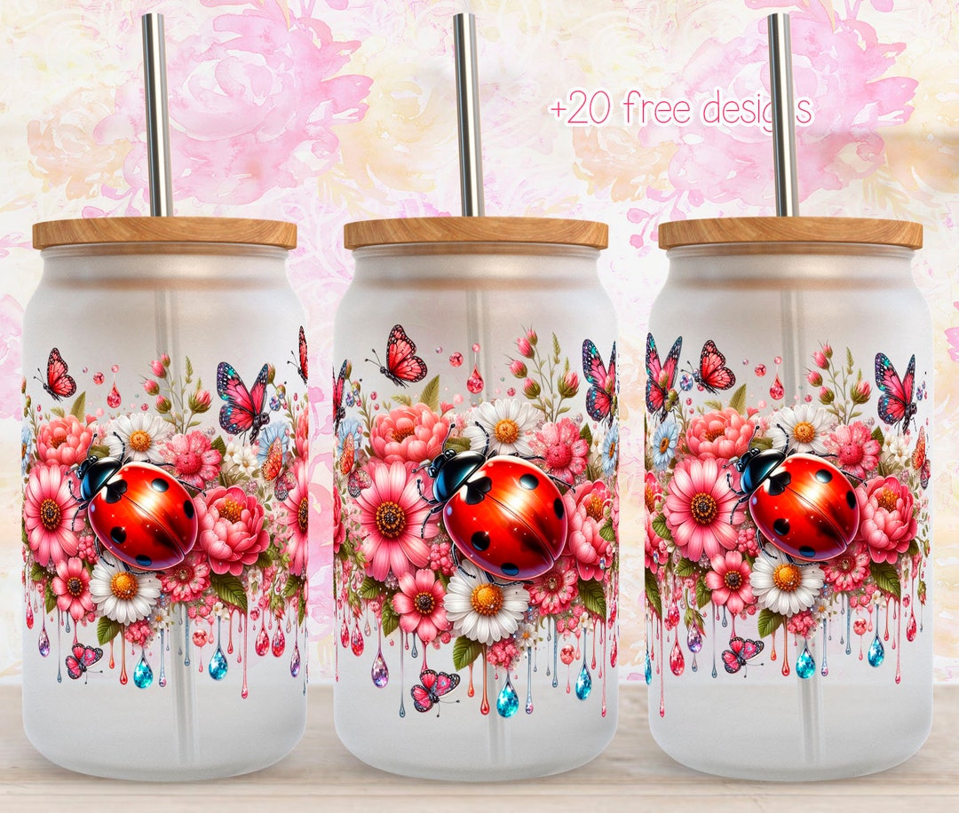 Cute Ladybug 16oz Design, Dripping Ladybug Wrap, 16oz Glass Can Digital ...