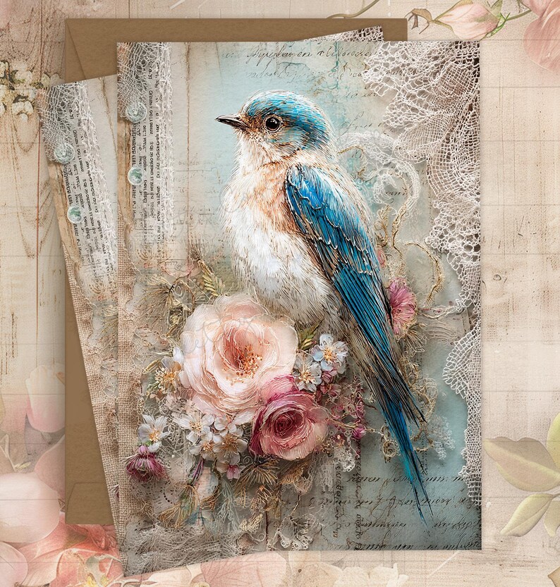 Blue Birds and Birdhouse Rice Paper A4, Romantic Spring Flowers ...