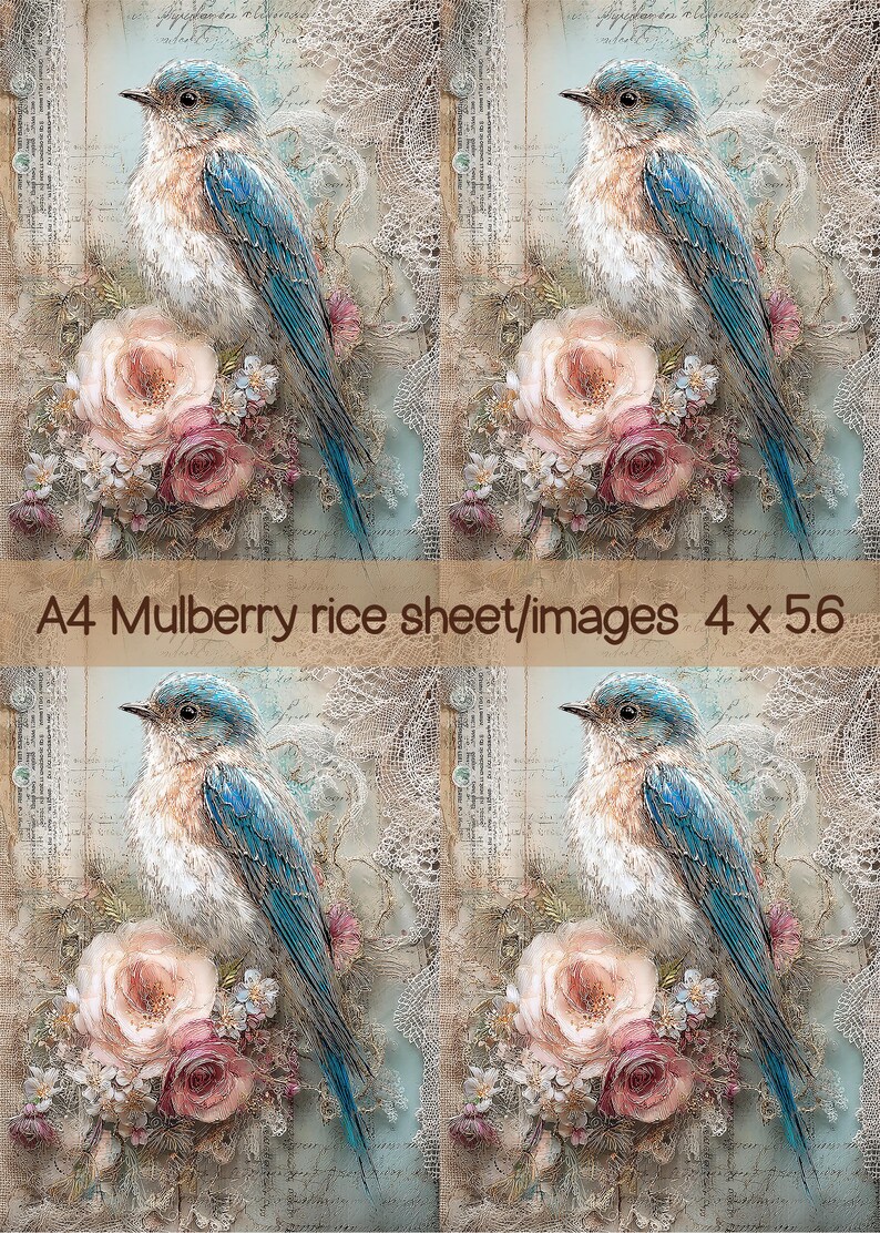 Blue Birds and Birdhouse Rice Paper A4, Romantic Spring Flowers ...