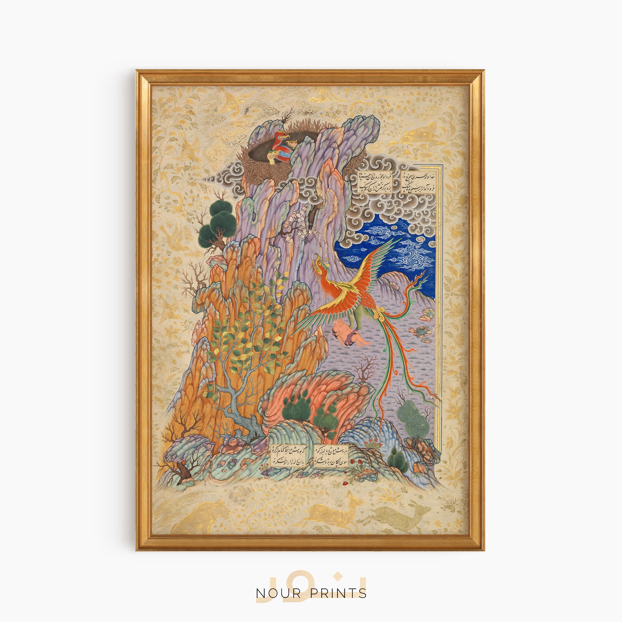 Antique Persian Mythical Art, Zal Rescued by the Simurgh, Shahnameh ...