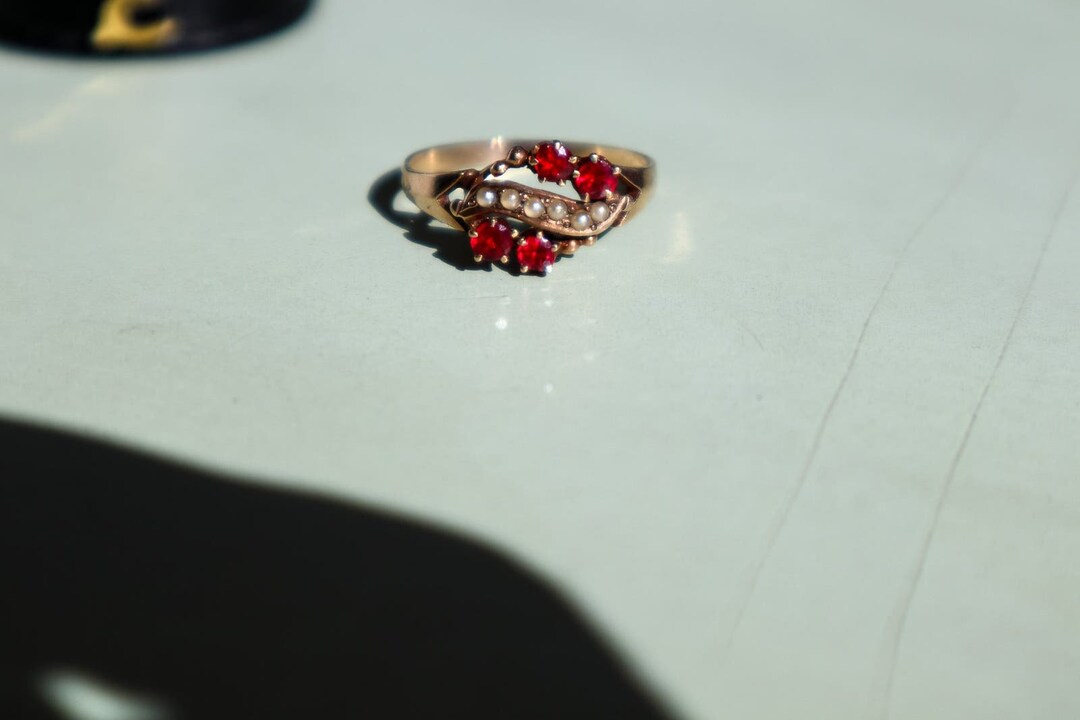 Victorian 10K Yellow Gold Ruby and Seed Pearl Ring - Etsy