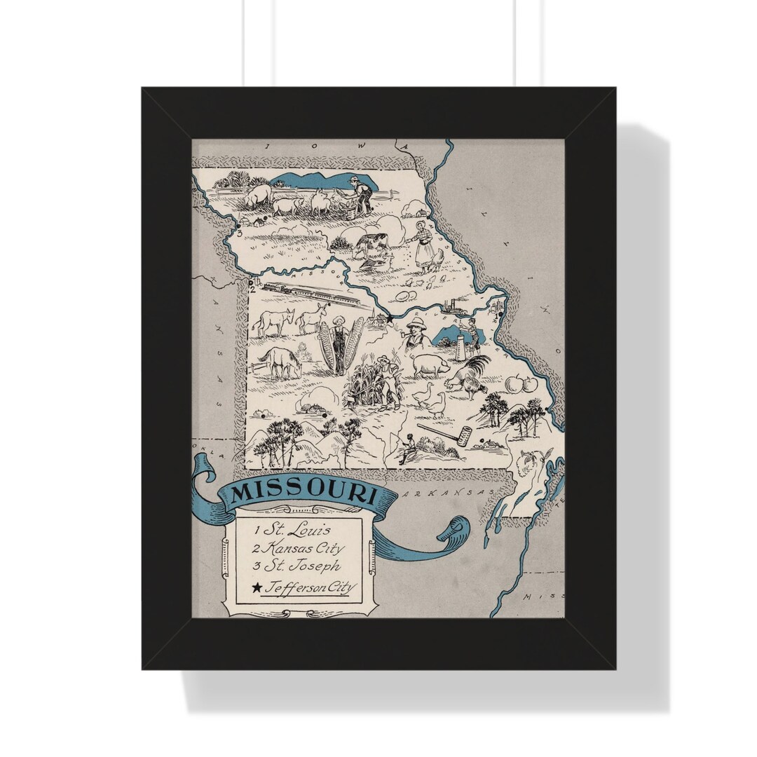 Missouri Map Framed Print, Vintage Missouri Map, Missouri Wall Art ...