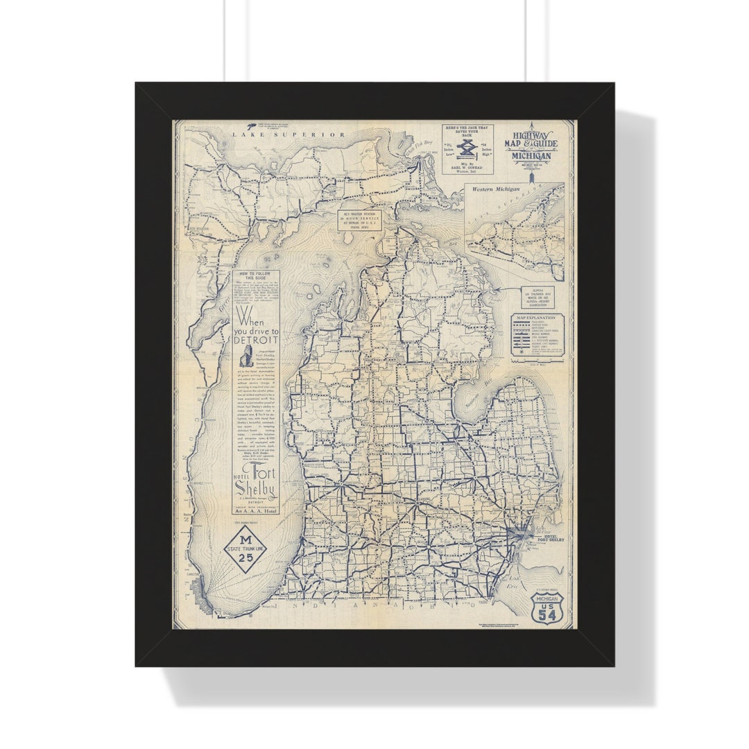 Michigan Map Framed Print, Vintage Michigan Map, Michigan Wall Art ...