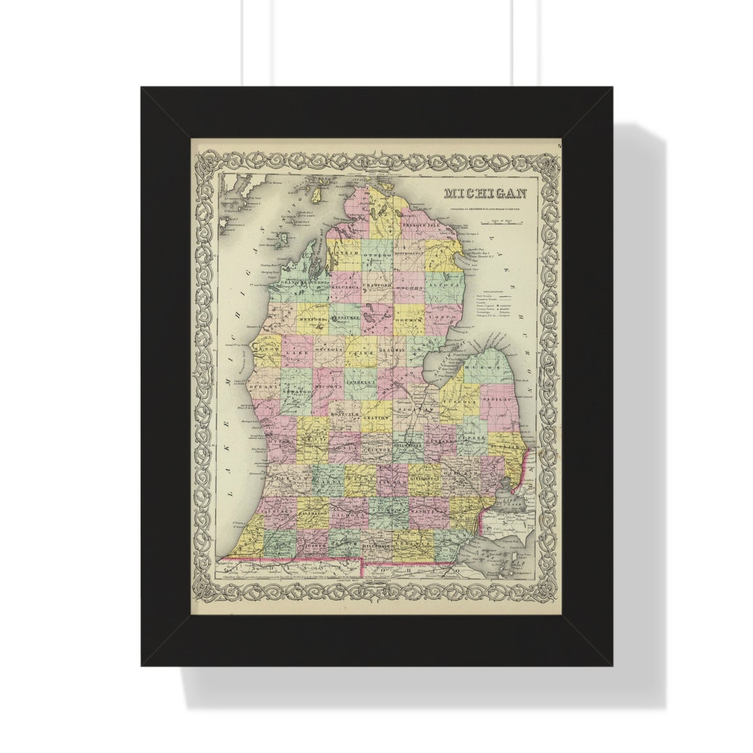 Michigan Map Framed Print, Vintage Michigan Map, Michigan Wall Art ...
