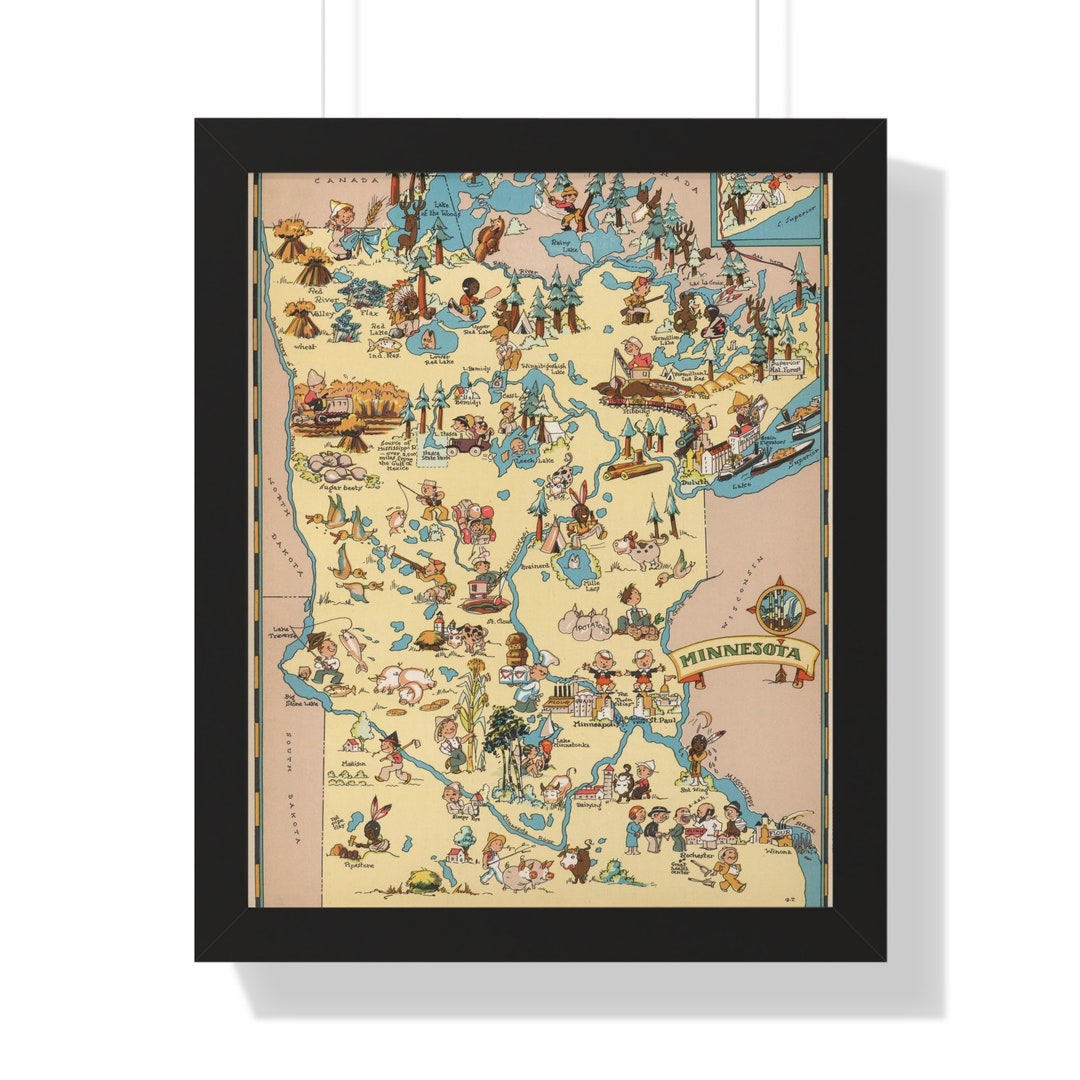 Minnesota Map Framed Print, Vintage Minnesota Map, Minnesota Wall Art ...