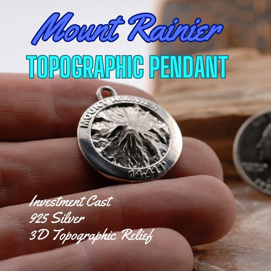 925 Silver Mount Rainier Pendant 3D Topographic Relief Mount Rainier in ...