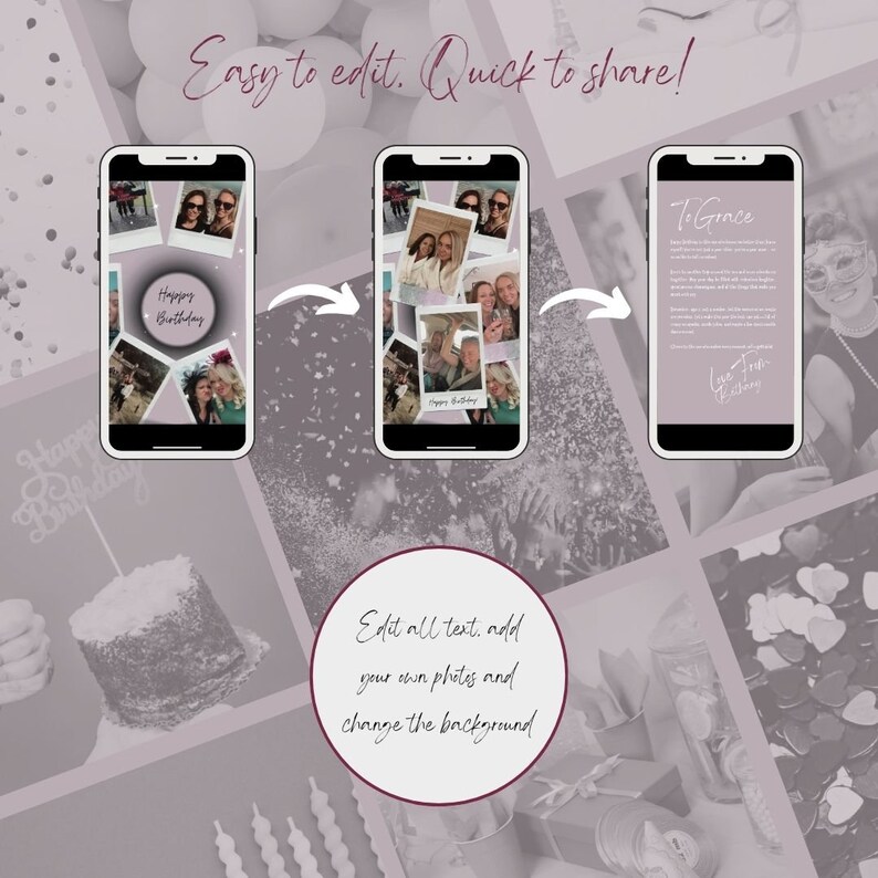 Digital Birthday Card Template for Mobile Phone. Pink Design. Editable ...