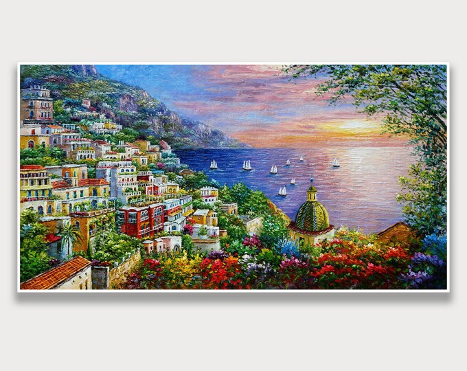 Positano Sunset Oil Painting With Vibrant Coastal View and Colorful ...