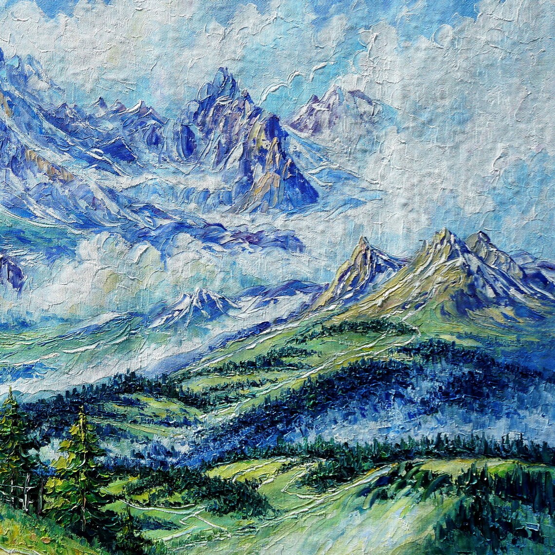 French Italian Alps Mountain Landscape Painting Rustic Cabin in Alpine ...