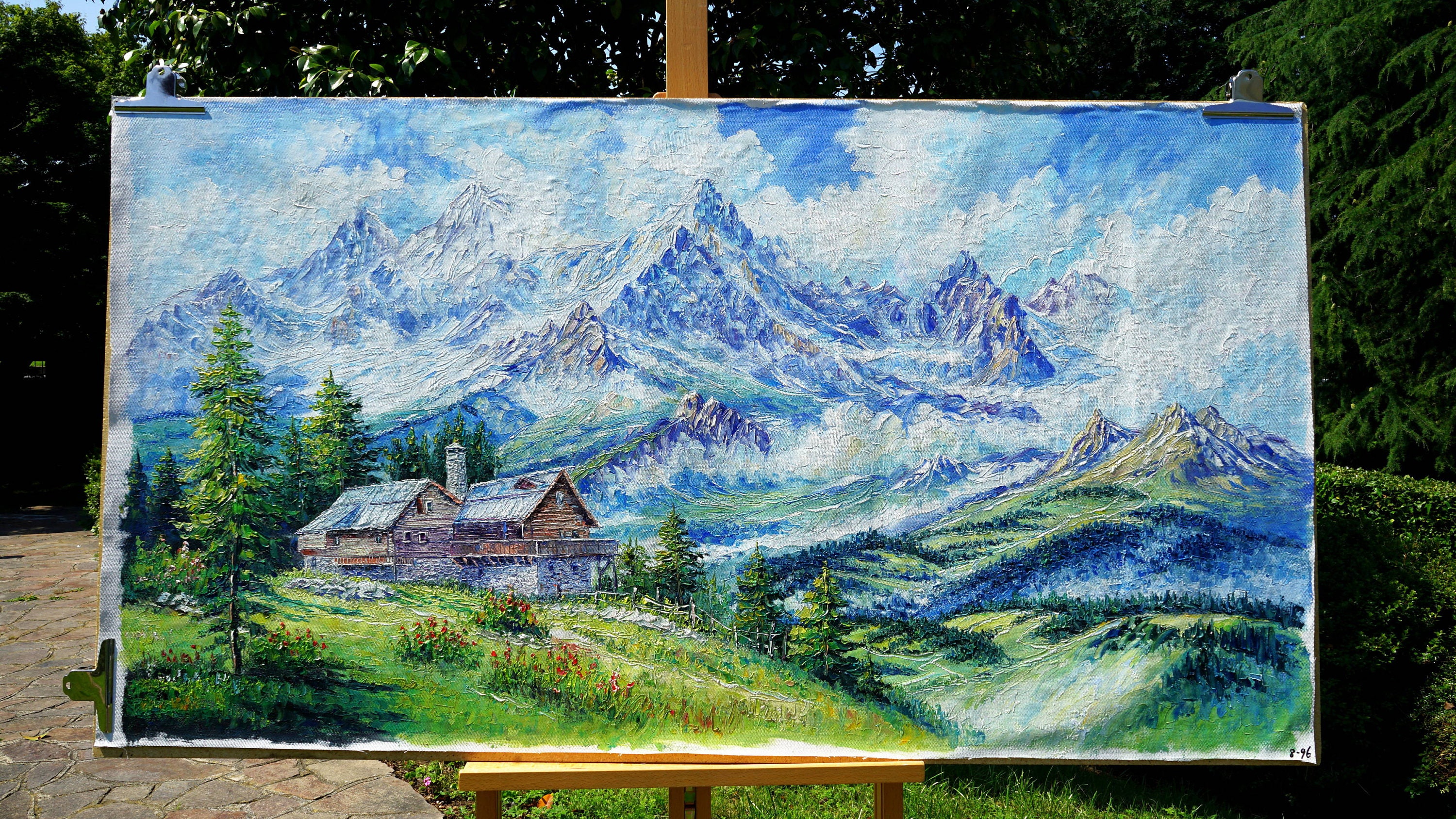 French Italian Alps Mountain Landscape Painting Rustic Cabin in Alpine ...